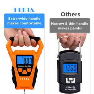 HEETA Waterproof Fish Scale Digital with Backlit LCD Display, 110lb/50kg Portable Hanging Scale Fishing Scale for Home and Outdoor, Measuring Tape and 2 AAA Batteries Included (Orange)