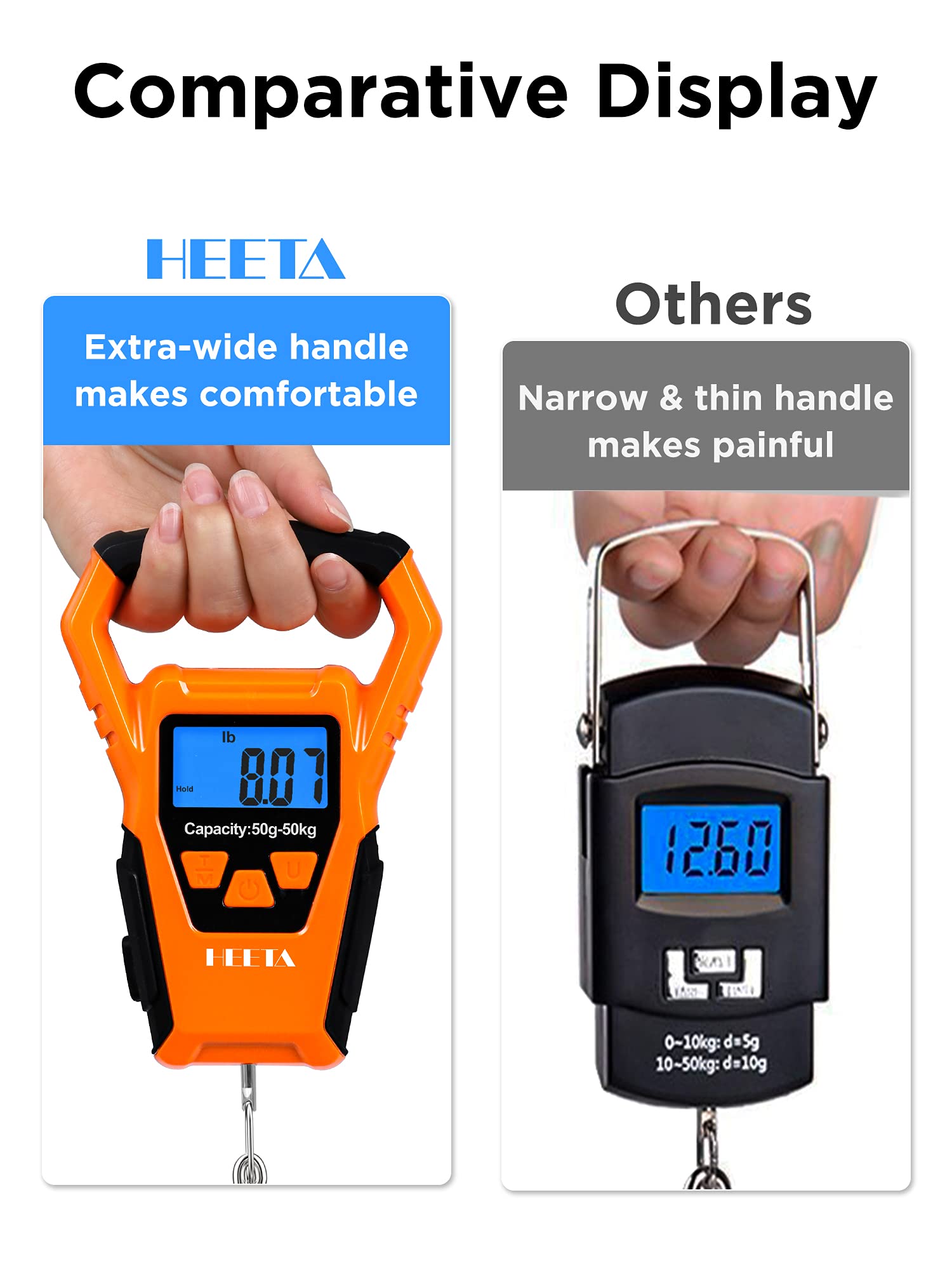 HEETA Waterproof Fish Scale Digital with Backlit LCD Display, 110lb/50kg Portable Hanging Scale Fishing Scale for Home and Outdoor, Measuring Tape and 2 AAA Batteries Included (Orange)