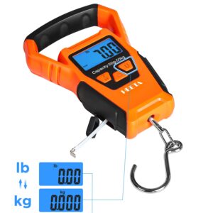 HEETA Waterproof Fish Scale Digital with Backlit LCD Display, 110lb/50kg Portable Hanging Scale Fishing Scale for Home and Outdoor, Measuring Tape and 2 AAA Batteries Included (Orange)