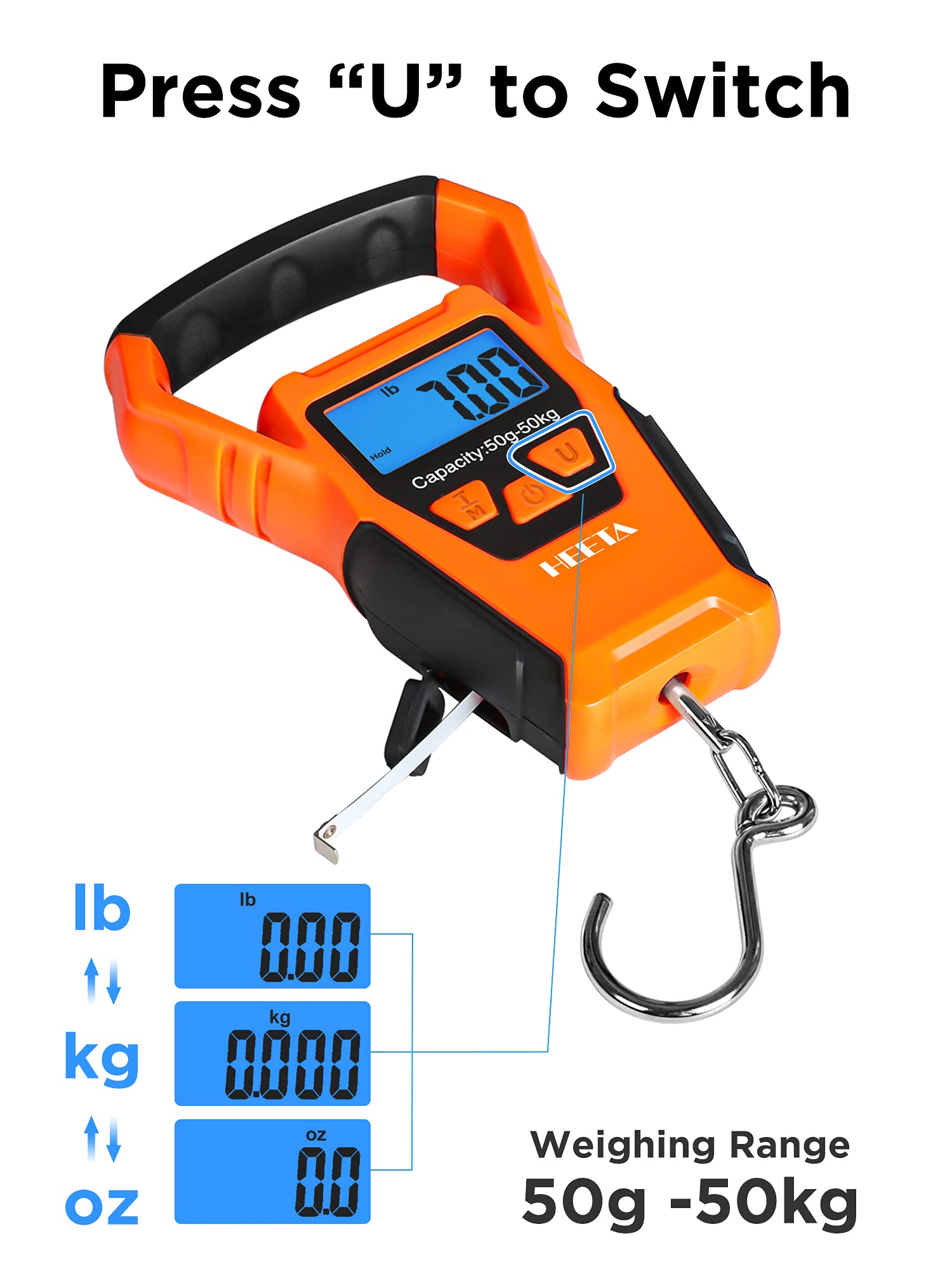 HEETA Waterproof Fish Scale Digital with Backlit LCD Display, 110lb/50kg Portable Hanging Scale Fishing Scale for Home and Outdoor, Measuring Tape and 2 AAA Batteries Included (Orange)