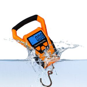 HEETA Waterproof Fish Scale Digital with Backlit LCD Display, 110lb/50kg Portable Hanging Scale Fishing Scale for Home and Outdoor, Measuring Tape and 2 AAA Batteries Included (Orange)