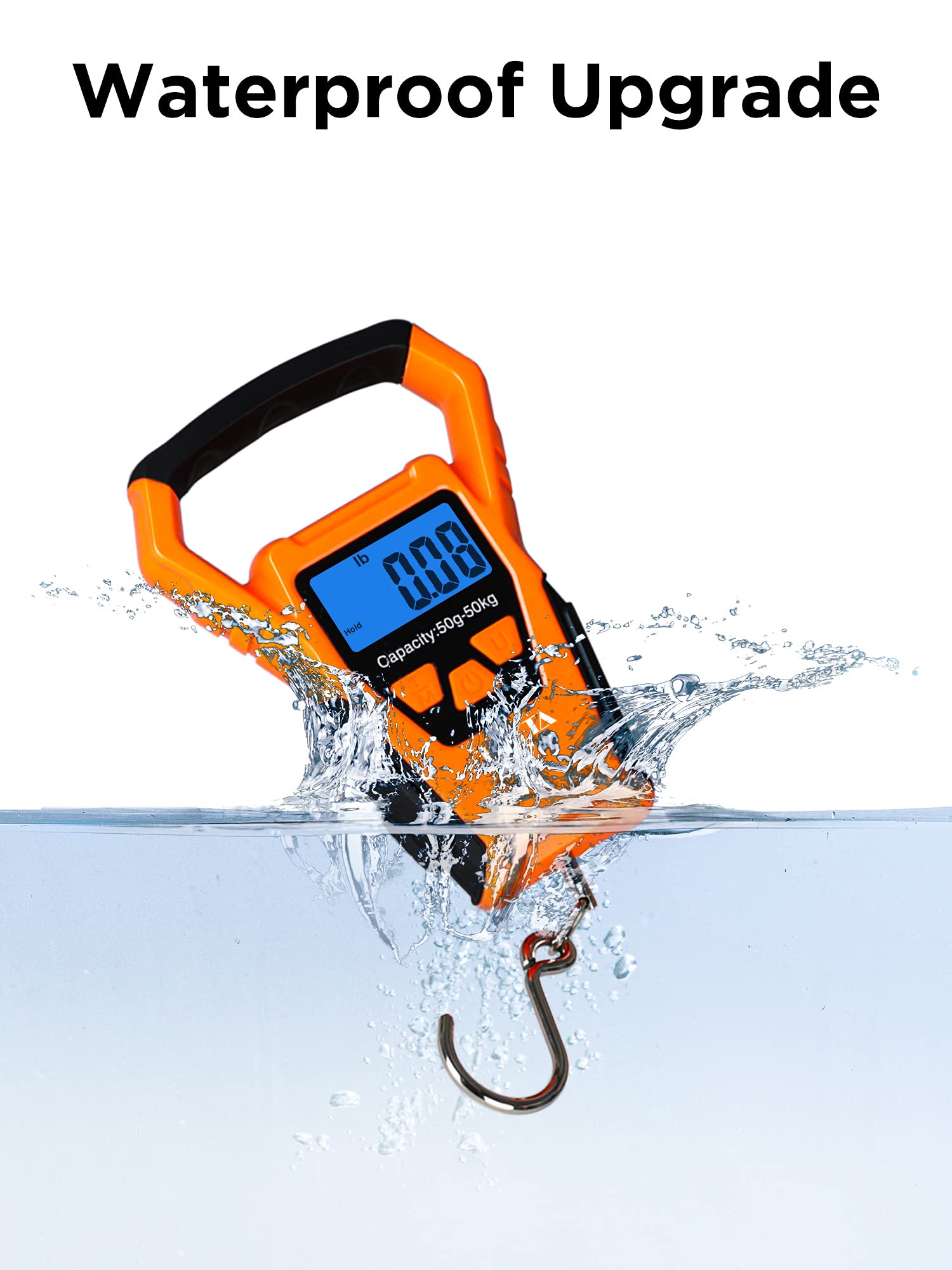 HEETA Waterproof Fish Scale Digital with Backlit LCD Display, 110lb/50kg Portable Hanging Scale Fishing Scale for Home and Outdoor, Measuring Tape and 2 AAA Batteries Included (Orange)