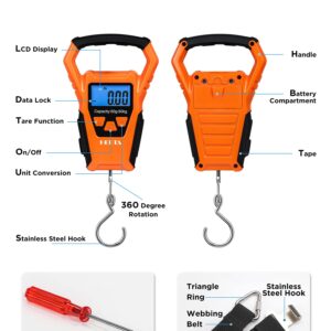 HEETA Waterproof Fish Scale Digital with Backlit LCD Display, 110lb/50kg Portable Hanging Scale Fishing Scale for Home and Outdoor, Measuring Tape and 2 AAA Batteries Included (Orange)