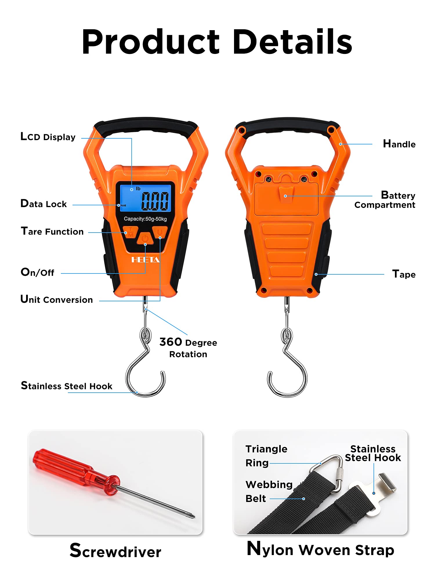 HEETA Waterproof Fish Scale Digital with Backlit LCD Display, 110lb/50kg Portable Hanging Scale Fishing Scale for Home and Outdoor, Measuring Tape and 2 AAA Batteries Included (Orange)