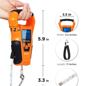 HEETA Waterproof Fish Scale Digital with Backlit LCD Display, 110lb/50kg Portable Hanging Scale Fishing Scale for Home and Outdoor, Measuring Tape and 2 AAA Batteries Included (Orange)