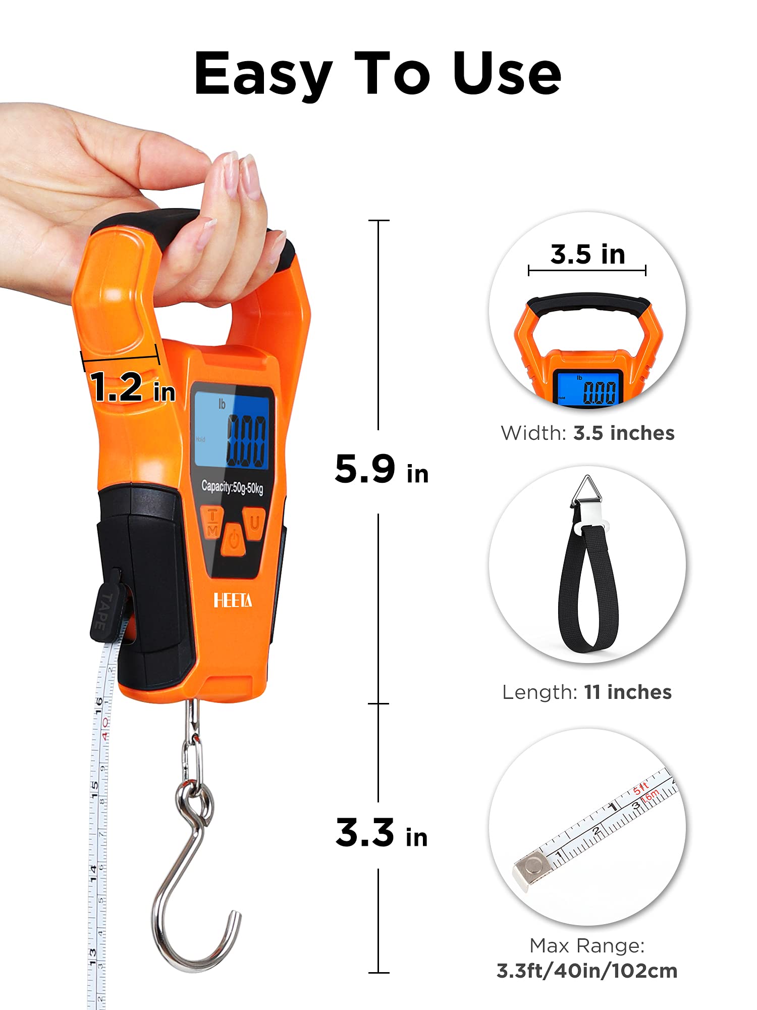 HEETA Waterproof Fish Scale Digital with Backlit LCD Display, 110lb/50kg Portable Hanging Scale Fishing Scale for Home and Outdoor, Measuring Tape and 2 AAA Batteries Included (Orange)