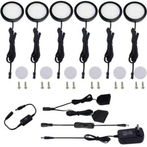 aiboo under cabinet led black cover puck lighting kit with touch dimmer switch for kitchen cupboard closet lighting (6 lights,warm white)