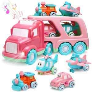 carrier car toy set(5 in 1) with lights and sounds, pink toy for girl toddler kid, friction powered double layer transport truck with cartoon vehicles, child play birthday gift christmas party favors