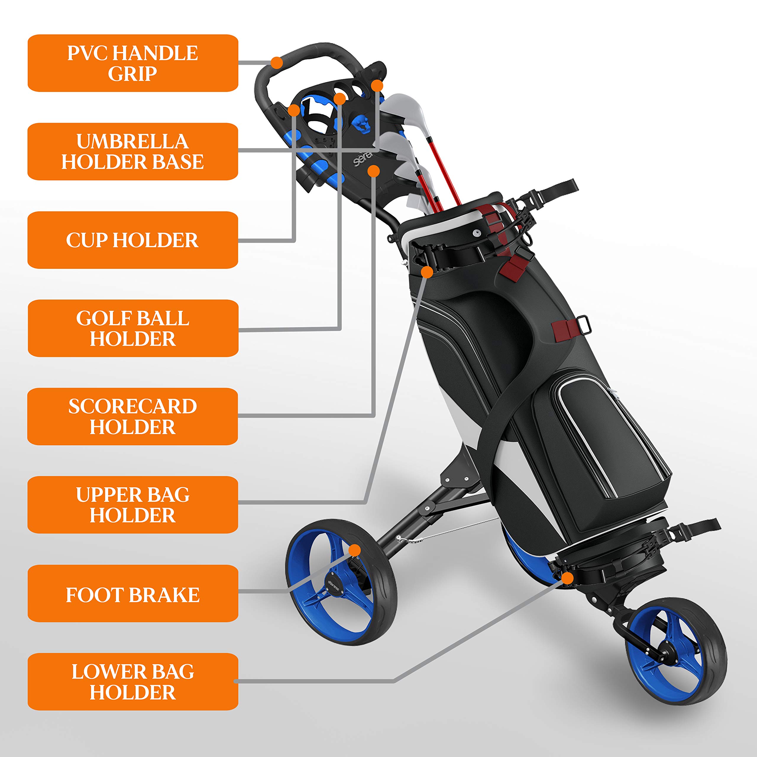 SereneLife 3 Wheel Golf Push Cart - Lightweight Folding Golf Walking Push Cart Roller Golf Bag Holder w/Upper/Lower Bracket w/Elastic Strap, Scorecard, Cup, & Bag Storage Holder