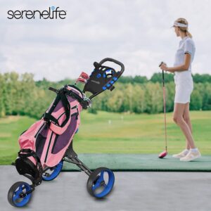 SereneLife 3 Wheel Golf Push Cart - Lightweight Folding Golf Walking Push Cart Roller Golf Bag Holder w/Upper/Lower Bracket w/Elastic Strap, Scorecard, Cup, & Bag Storage Holder