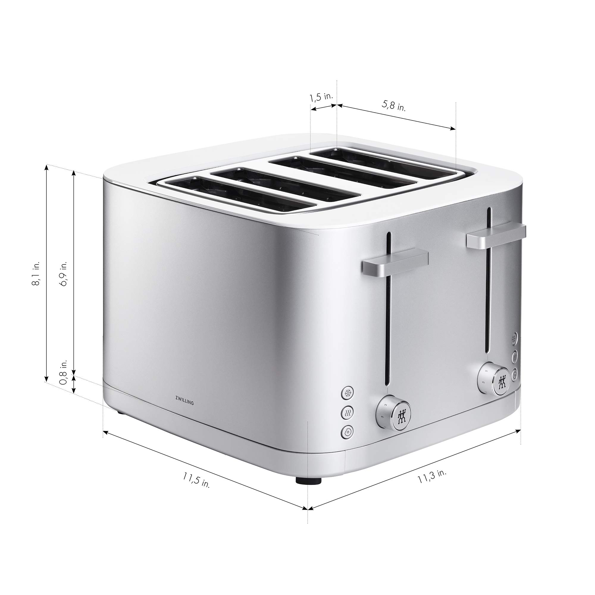 ZWILLING Enfinigy 4 Slice Toaster with Extra Wide 1.5" Slots for Bagels, 7 Toast Settings, Even Toasting, Reheat, Cancel, Defrost, Silver