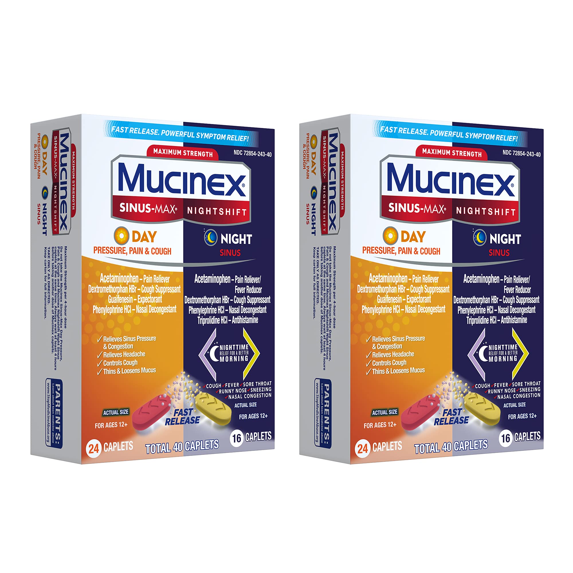 Mucinex Maximum Strength Sinus-Max (Day) Pressure, Pain & Cough & Nightshift (Night) Sinus Caplets, Fast Release, Powerful Multi-Symptom Relief, 40 caplets (24 Day time + 16 Night time) (Pack of 2)