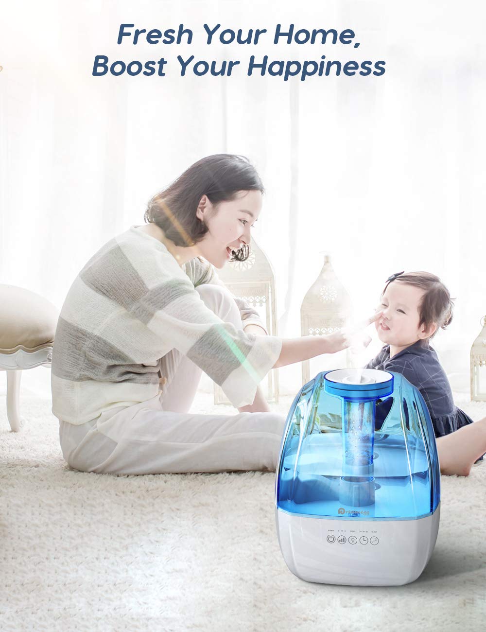 Cool Mist Humidifier - 4.5L Ultrasonic Humidifiers for Bedroom, Quiet Humidifier Large Room with 3 Mist Levels, Sleep Mode, Smart Timer, Night Light, All Night Moisture Humidifier for Baby Home Office