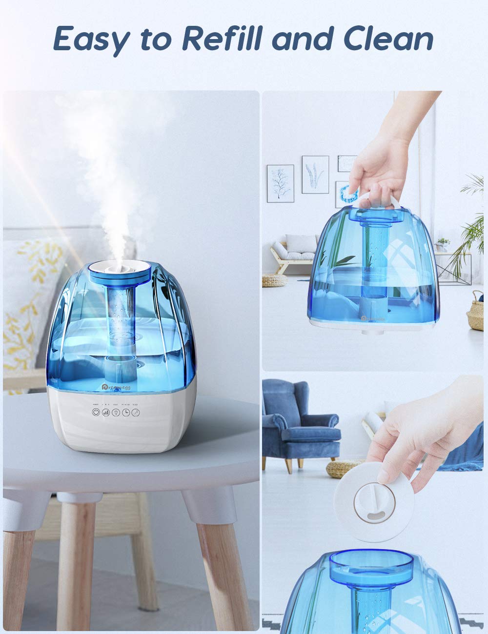 Cool Mist Humidifier - 4.5L Ultrasonic Humidifiers for Bedroom, Quiet Humidifier Large Room with 3 Mist Levels, Sleep Mode, Smart Timer, Night Light, All Night Moisture Humidifier for Baby Home Office