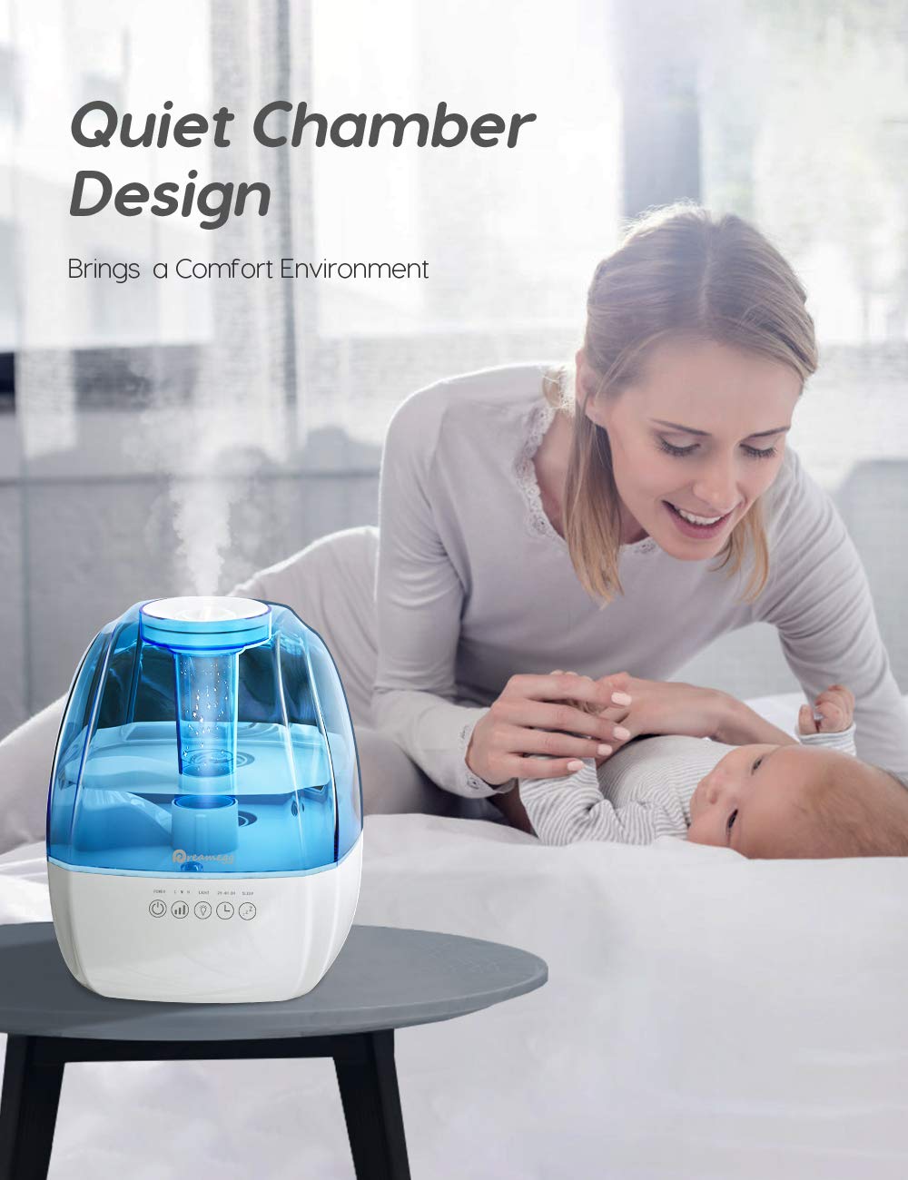 Cool Mist Humidifier - 4.5L Ultrasonic Humidifiers for Bedroom, Quiet Humidifier Large Room with 3 Mist Levels, Sleep Mode, Smart Timer, Night Light, All Night Moisture Humidifier for Baby Home Office