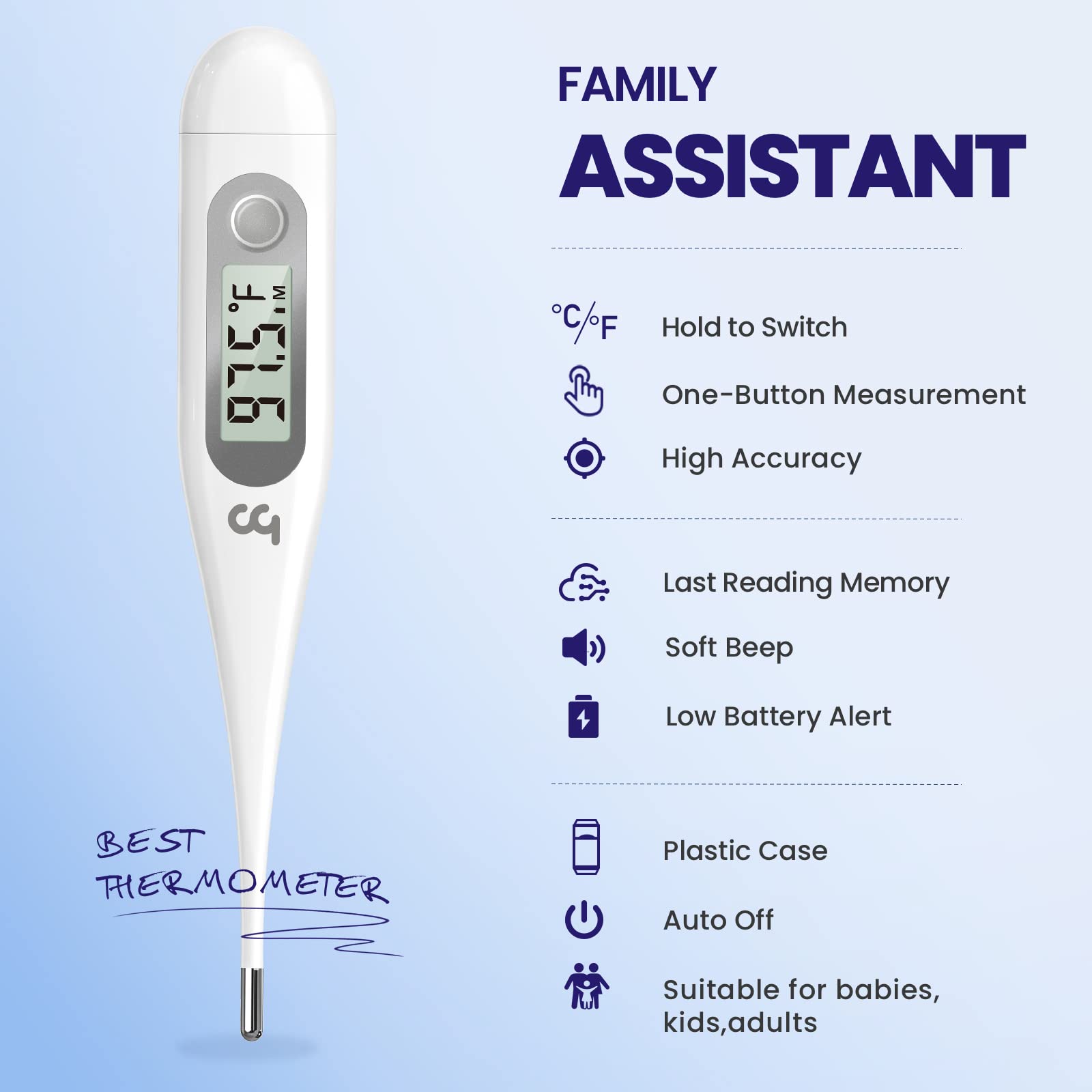 Thermometer for Adults, Oral Thermometer for Fever, Thermometer with Fever Alert, Memory Recall, C/F Switchable, Rectum Armpit Reading Thermometer for Whole Family, Gray