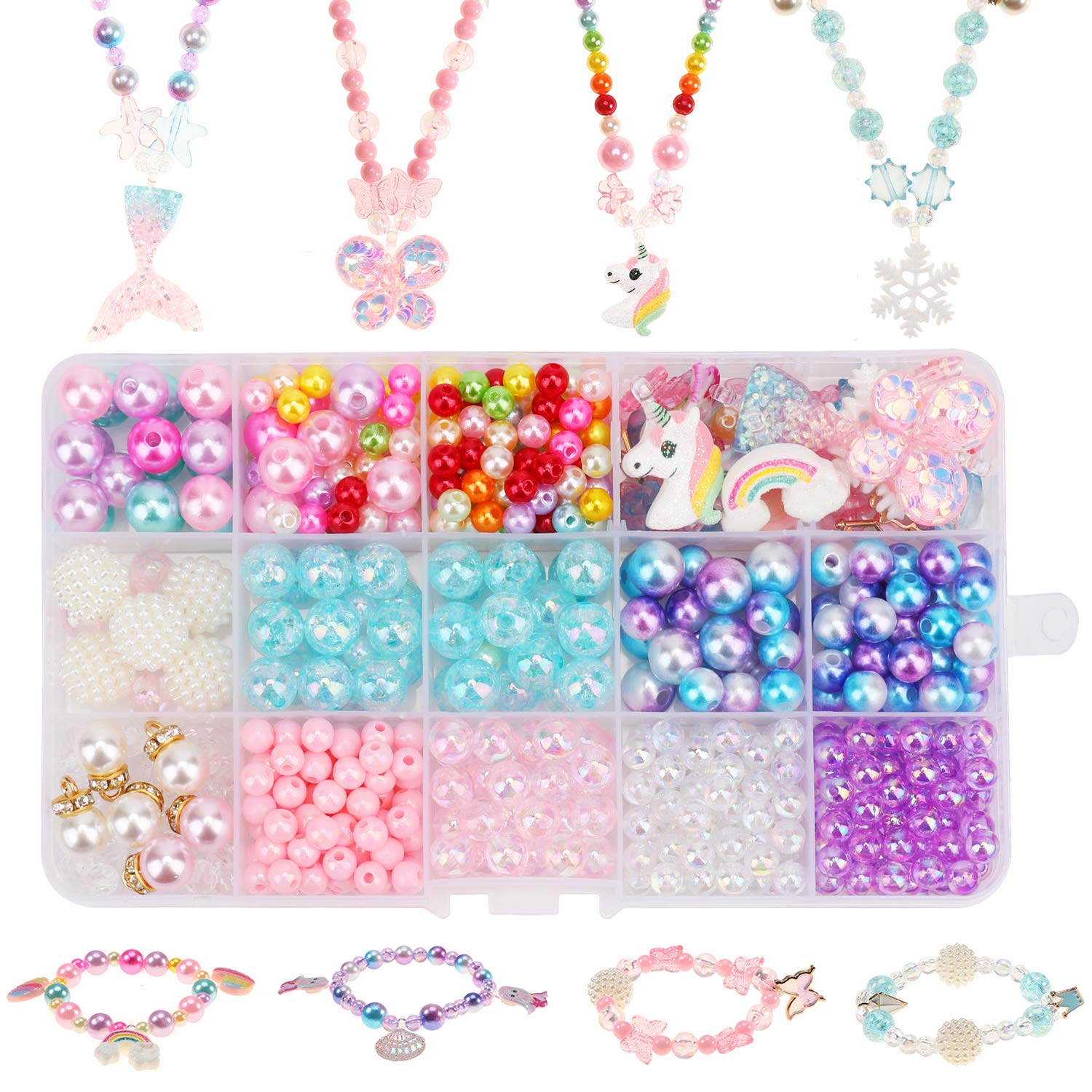 Hifot DIY Bead Jewelry Making for Girl, Children Unicorn Mermaid Butterfly Princess Necklace Bracelets Making Art Craft Creativity Bead Kit 400pcs+