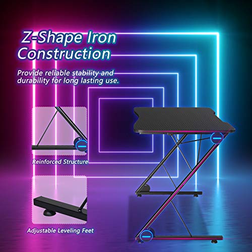 Tangkula Gaming Computer Desk, Z-Shaped Home Office Computer Table with LED Lights & Large Carbon Fiber Surface, Ergonomic Gamer Workstation, Writing Desk for Home Office