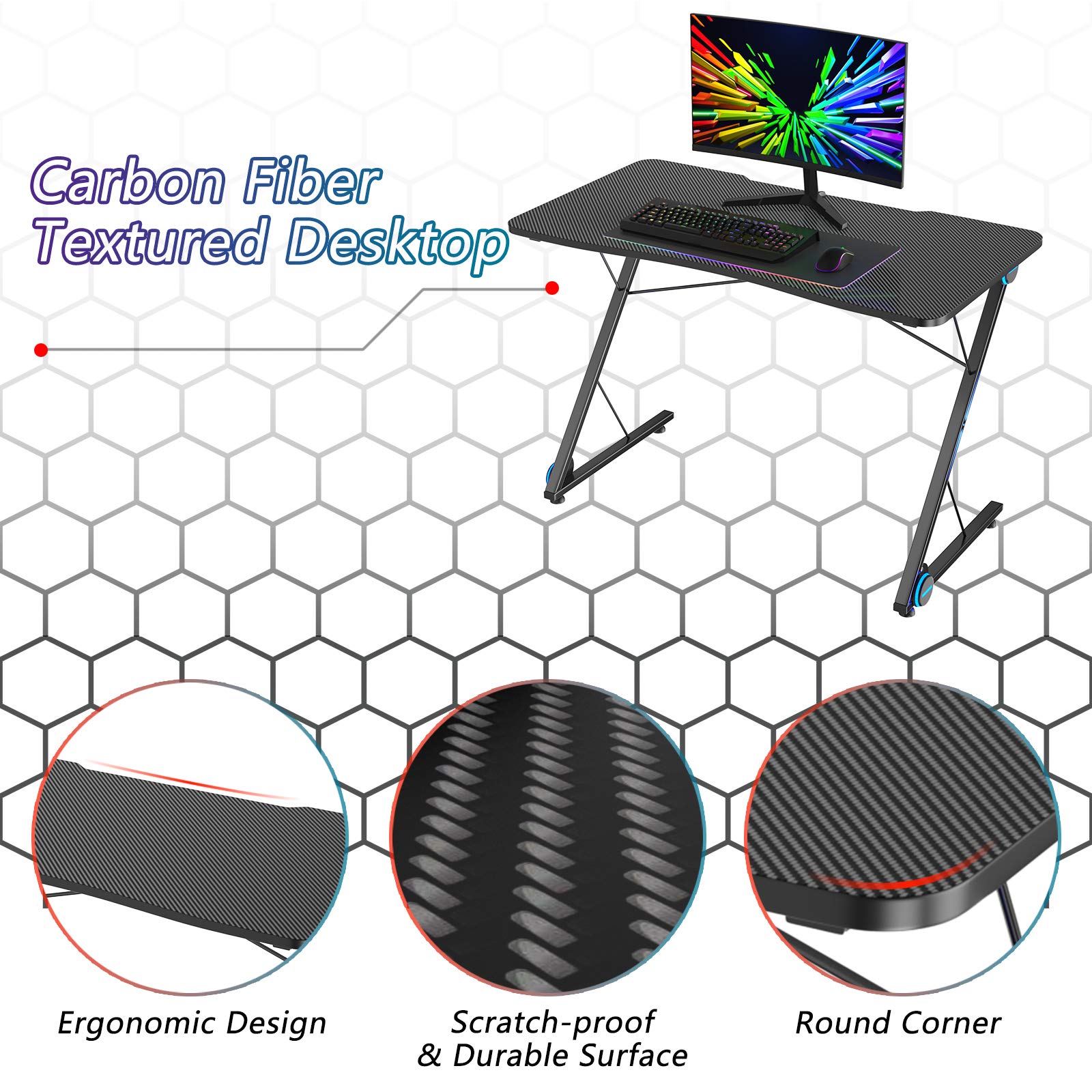 Tangkula Gaming Computer Desk, Z-Shaped Home Office Computer Table with LED Lights & Large Carbon Fiber Surface, Ergonomic Gamer Workstation, Writing Desk for Home Office