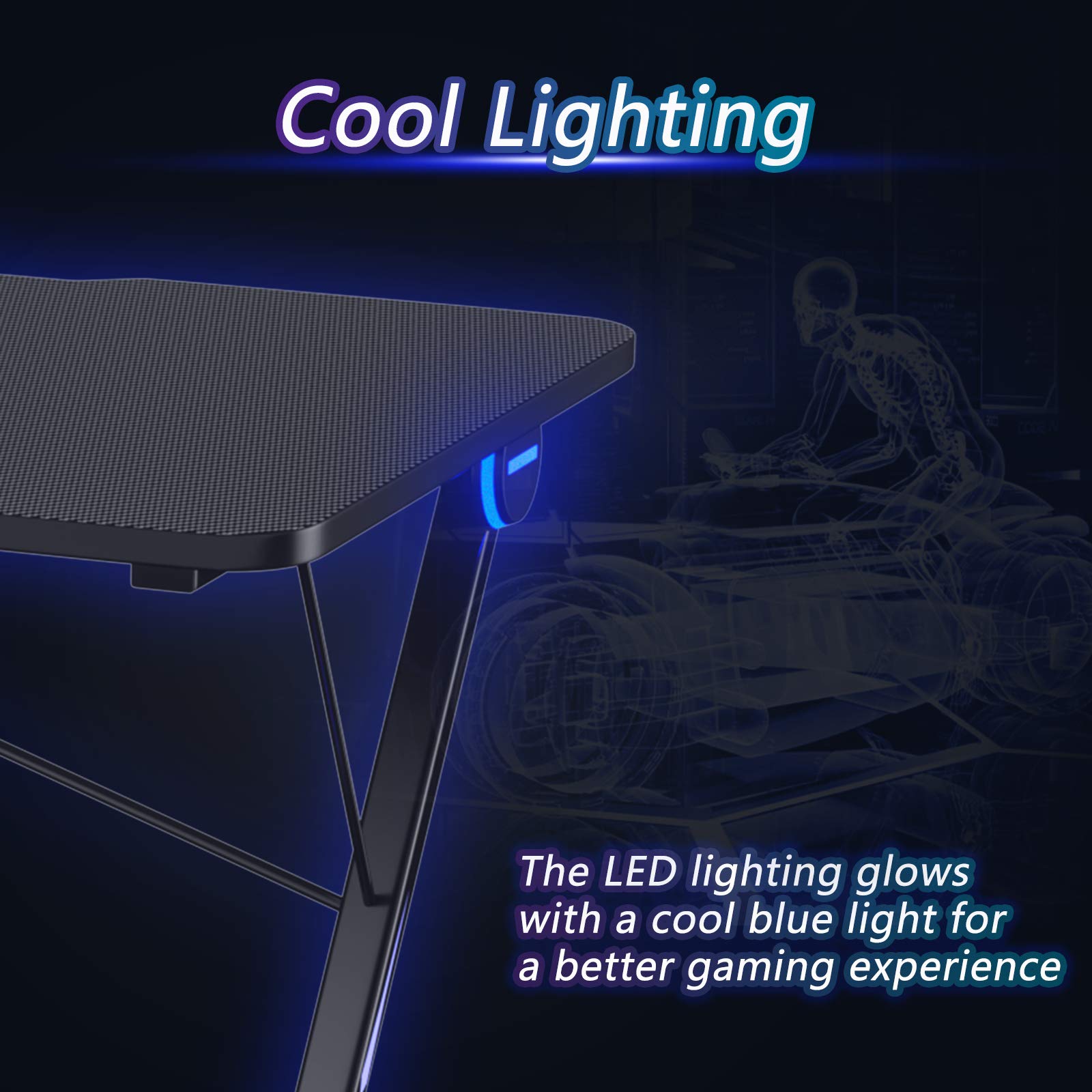 Tangkula Gaming Computer Desk, Z-Shaped Home Office Computer Table with LED Lights & Large Carbon Fiber Surface, Ergonomic Gamer Workstation, Writing Desk for Home Office