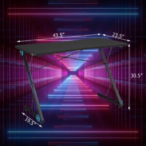 Tangkula Gaming Computer Desk, Z-Shaped Home Office Computer Table with LED Lights & Large Carbon Fiber Surface, Ergonomic Gamer Workstation, Writing Desk for Home Office