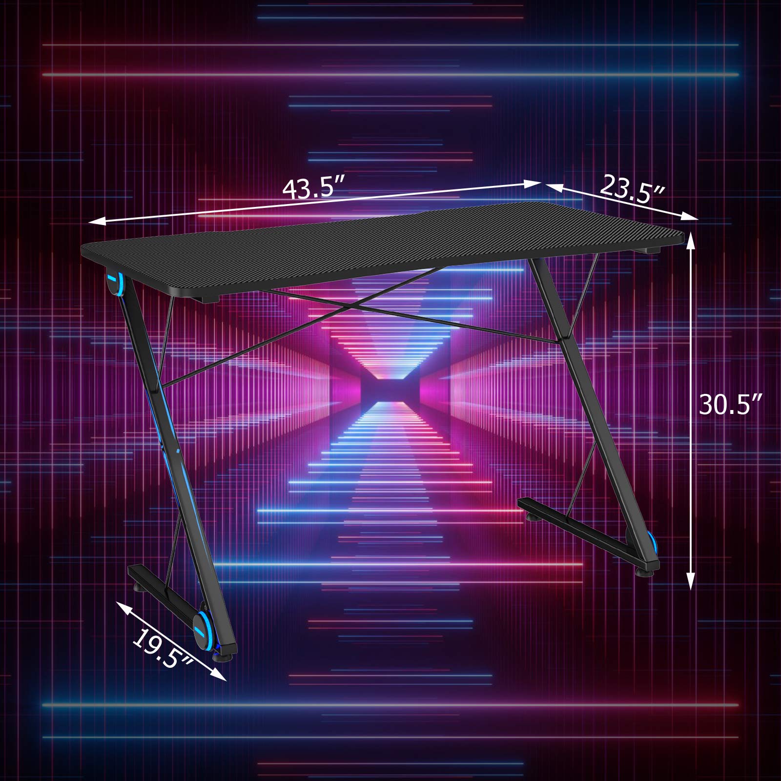 Tangkula Gaming Computer Desk, Z-Shaped Home Office Computer Table with LED Lights & Large Carbon Fiber Surface, Ergonomic Gamer Workstation, Writing Desk for Home Office