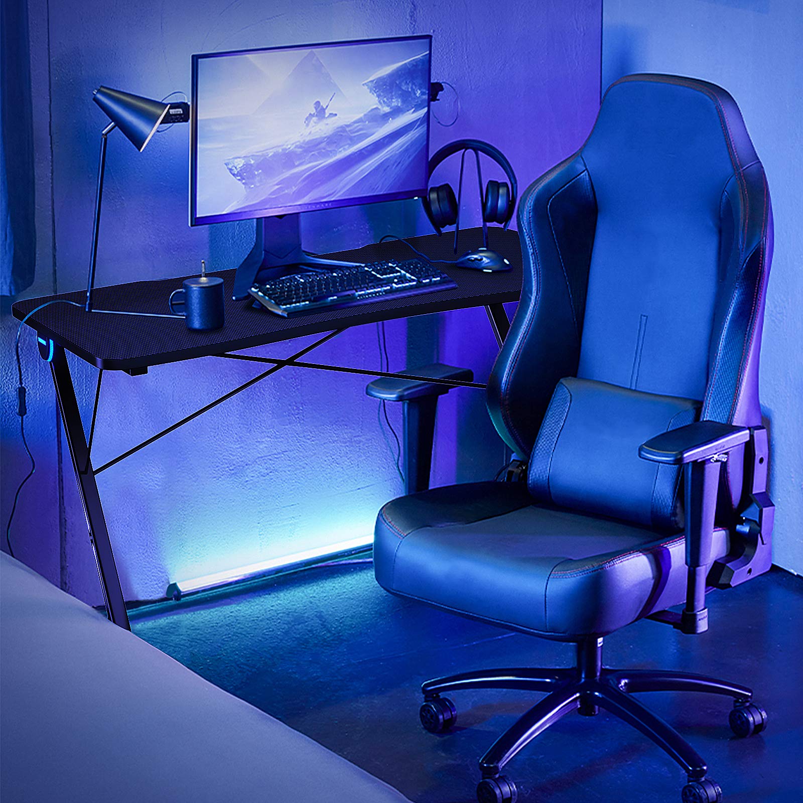 Tangkula Gaming Computer Desk, Z-Shaped Home Office Computer Table with LED Lights & Large Carbon Fiber Surface, Ergonomic Gamer Workstation, Writing Desk for Home Office