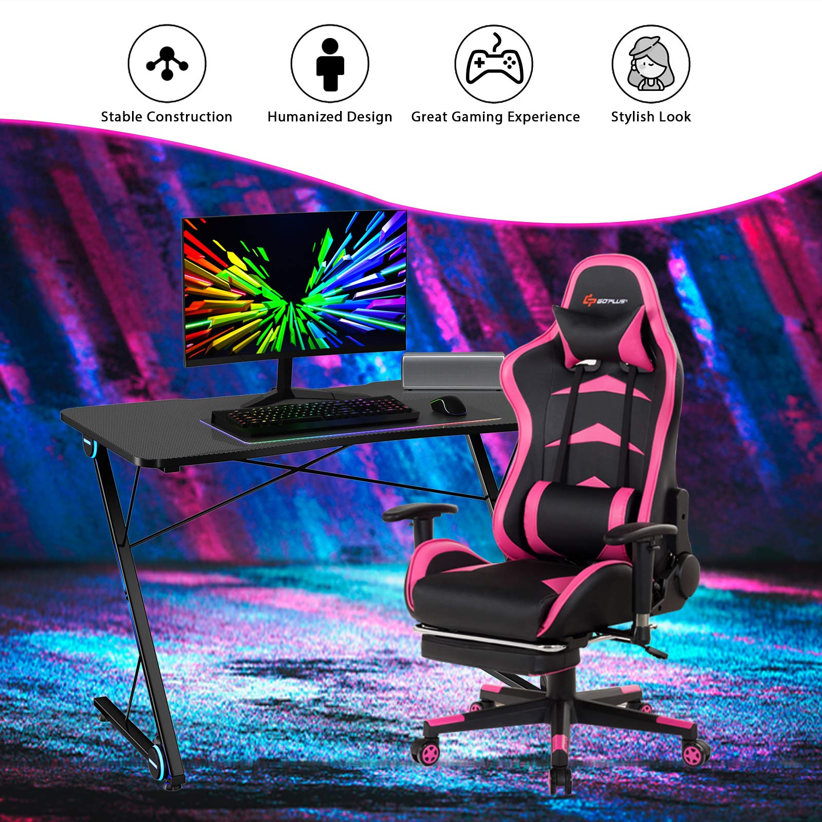 Tangkula Gaming Computer Desk, Z-Shaped Home Office Computer Table with LED Lights & Large Carbon Fiber Surface, Ergonomic Gamer Workstation, Writing Desk for Home Office