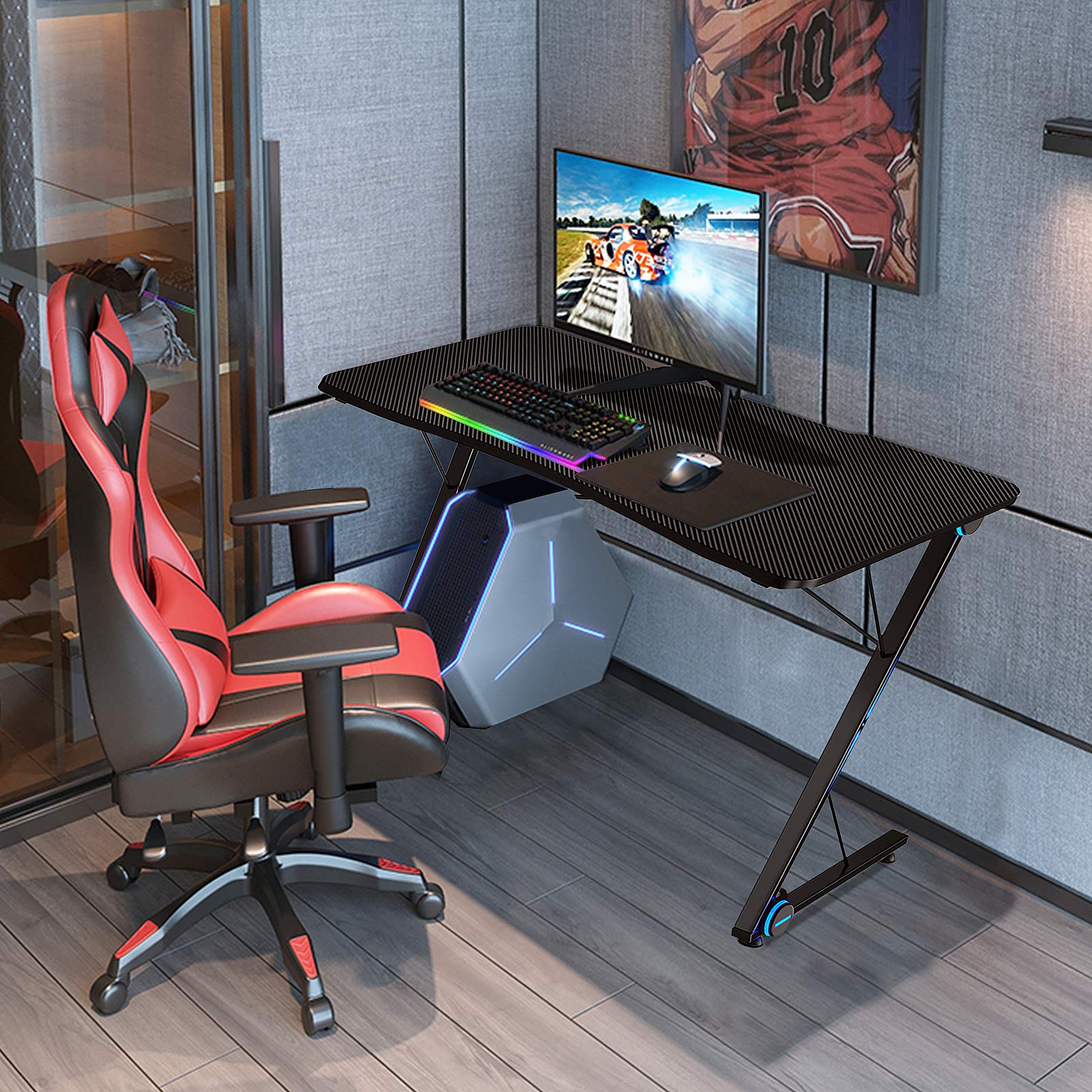 Tangkula Gaming Computer Desk, Z-Shaped Home Office Computer Table with LED Lights & Large Carbon Fiber Surface, Ergonomic Gamer Workstation, Writing Desk for Home Office