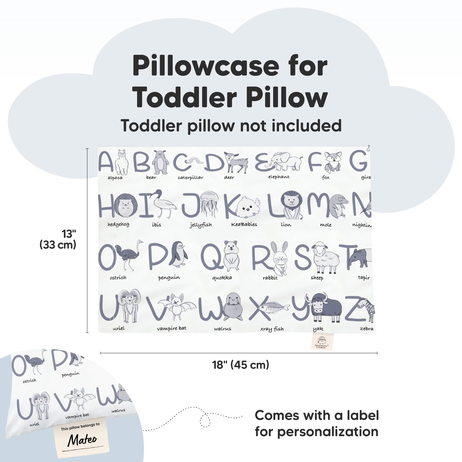 KeaBabies Toddler Pillowcase for 13X18 Pillow - Organic Toddler Pillow Case for Boy, Kids, 100% Natural Cotton Pillowcase for Miniature Sleepy Pillows, Pillow Sold Separately (Alphamals)