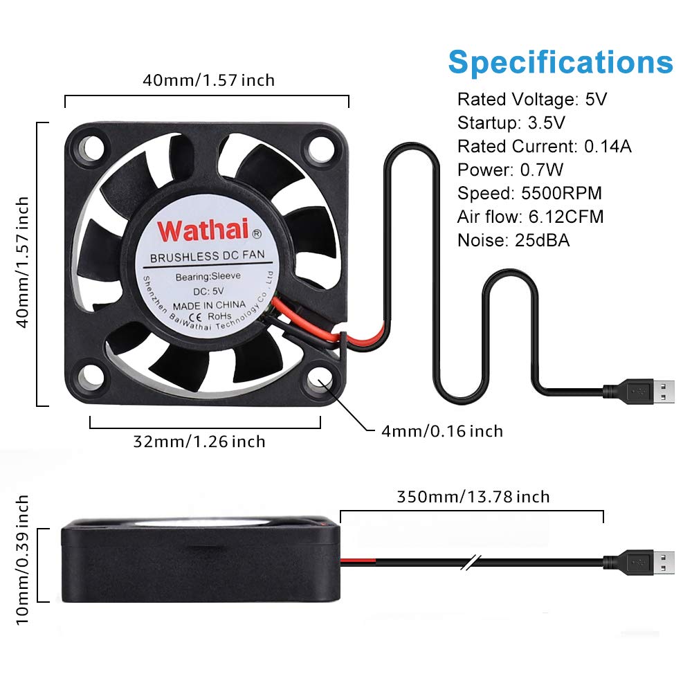 2Pack Wathai 40mm x 40 x 10mm USB Fan 5V for Receiver DVR Playstation Xbox Computer Cabinet Cooling