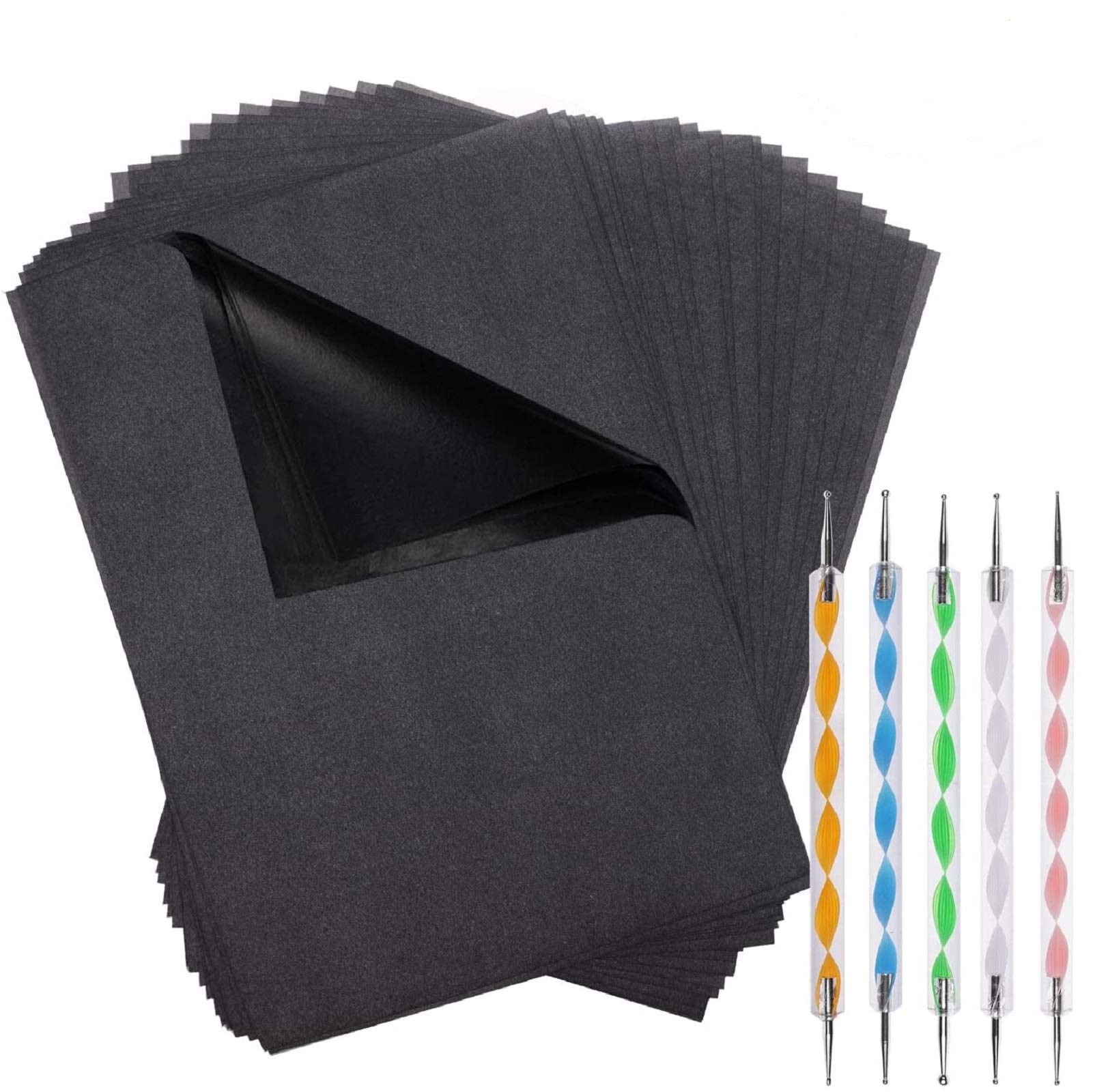 Carbon Paper Black Graphite Paper Transfer Tracing 200 Sheets and 5 Pieces Ball Embossing Styluses for Wood, Paper, Canvas and Other Art Surfaces (8.5 x 11 Inches)