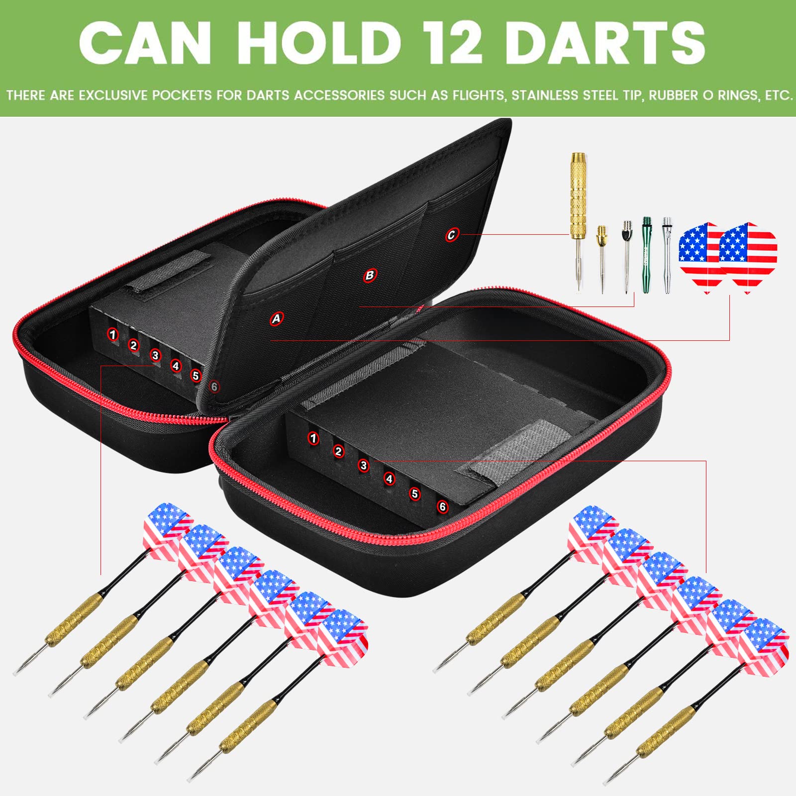 ALKOO Dart Case Holder Bag for 12 pcs Steel and Soft Tip Darts Set, Storage Organizer Holds 12 Darts and Tips, Shafts and Flights Accessories (Cases Only) (Red, Holds 12 darts)