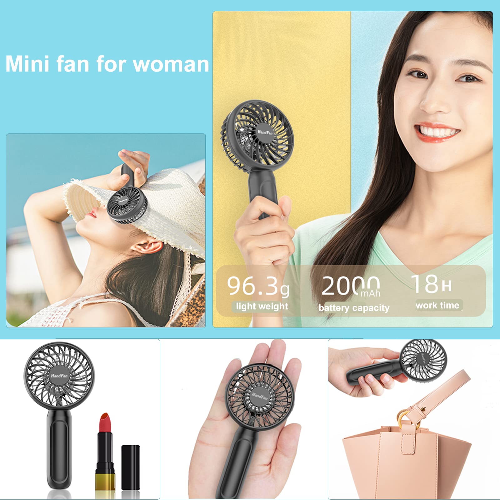 HandFan Mini Portable Handheld Fan, 3-Speeds USB Rechargeable Pocket Fan with Natural Wind Mode, Small Desk Fan for Travel Office Hot Flashes Outdoor Sports