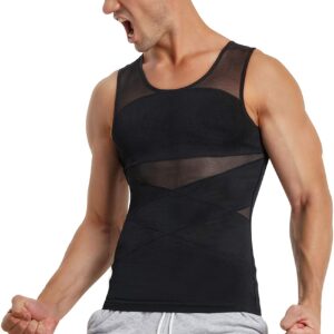 TAILONG Men's Compression Shirt for Body Shaper Slimming Vest Tight Tummy Underwear Tank Top (Black, Large)