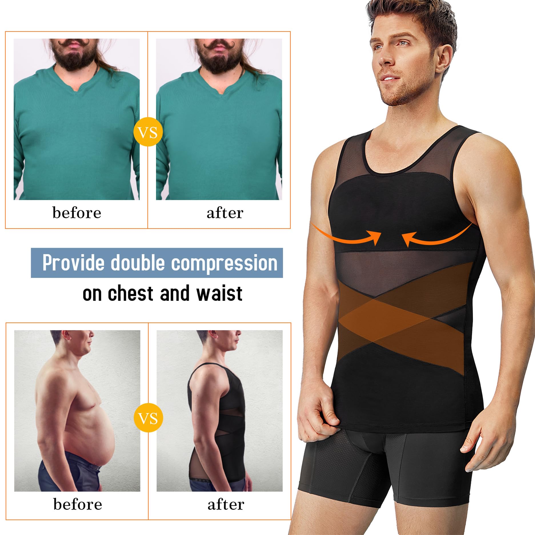 TAILONG Men's Compression Shirt for Body Shaper Slimming Vest Tight Tummy Underwear Tank Top (Black, Large)