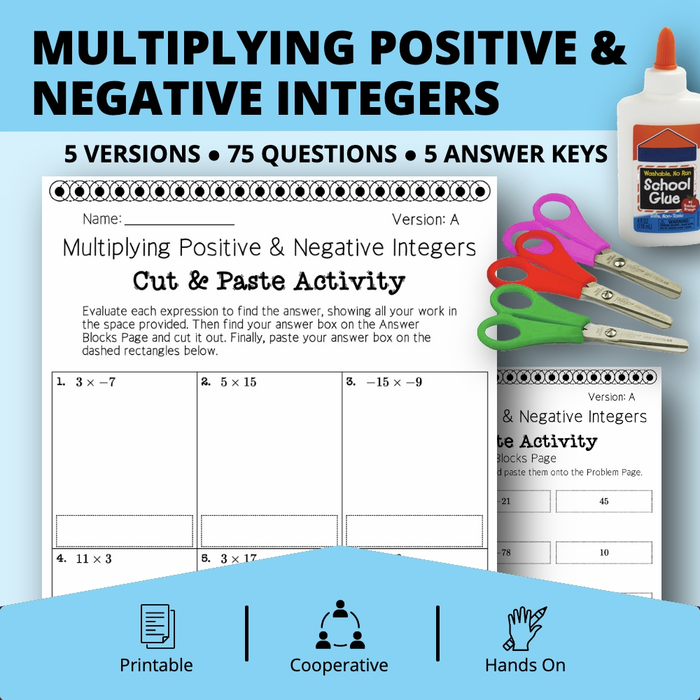 Multiplying Positive & Negative Integers Cut & Paste Activity