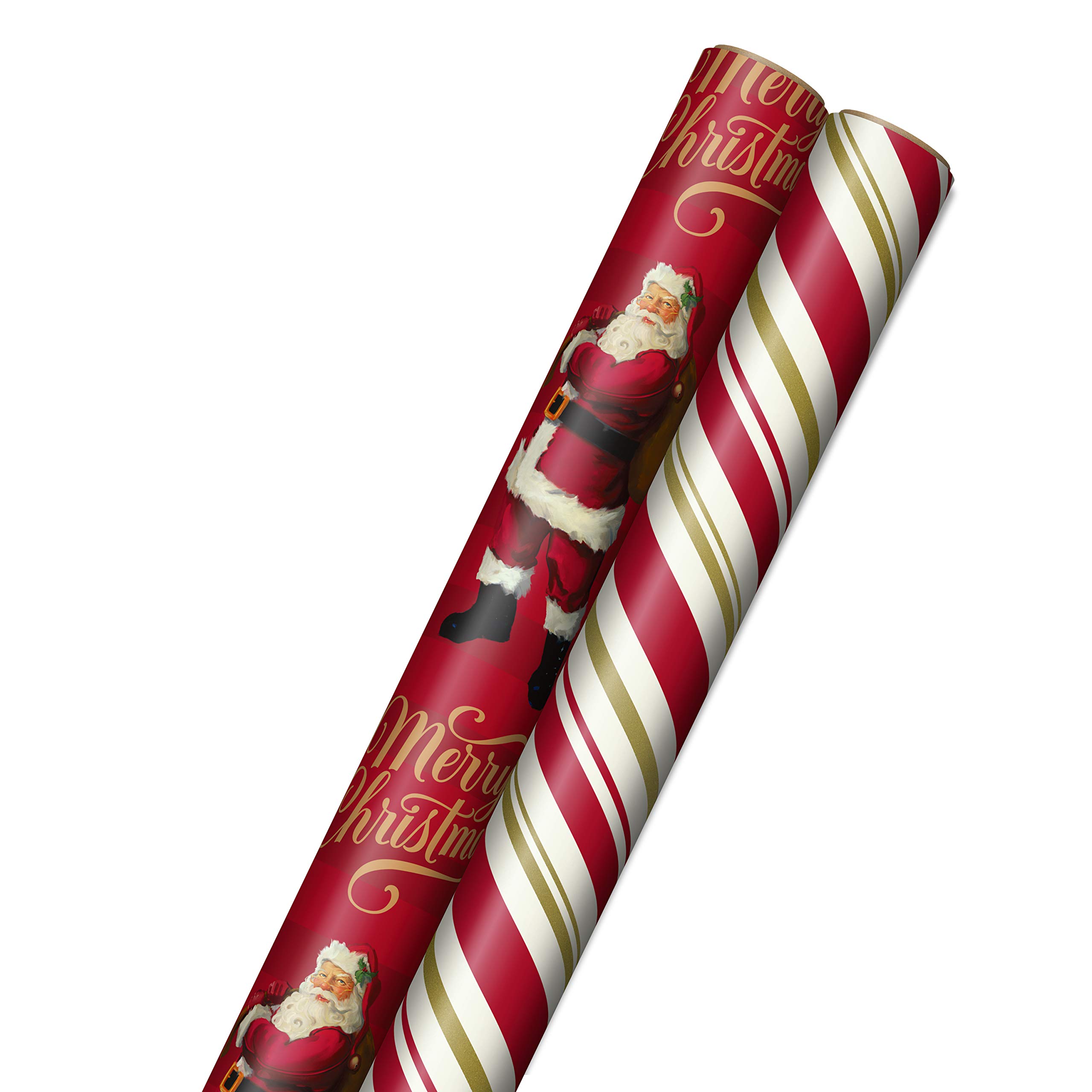 Hallmark Bulk Christmas Wrapping Paper with Cut Lines on Reverse (2 Jumbo Rolls: 160 sq. ft. ttl) Classic Santa Claus, Red and Gold Stripes, Dual-Pack (0005JXW1055)