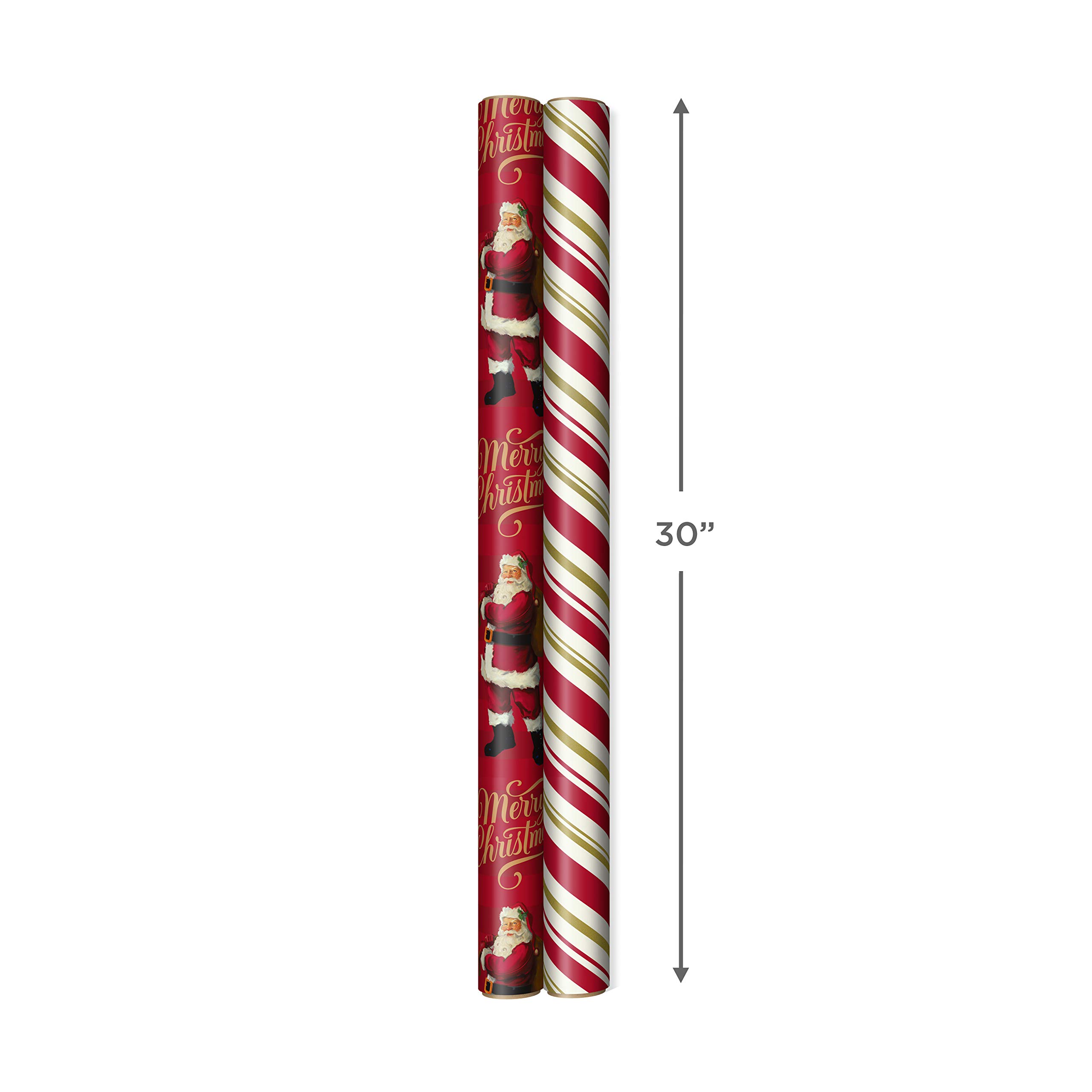 Hallmark Bulk Christmas Wrapping Paper with Cut Lines on Reverse (2 Jumbo Rolls: 160 sq. ft. ttl) Classic Santa Claus, Red and Gold Stripes, Dual-Pack (0005JXW1055)