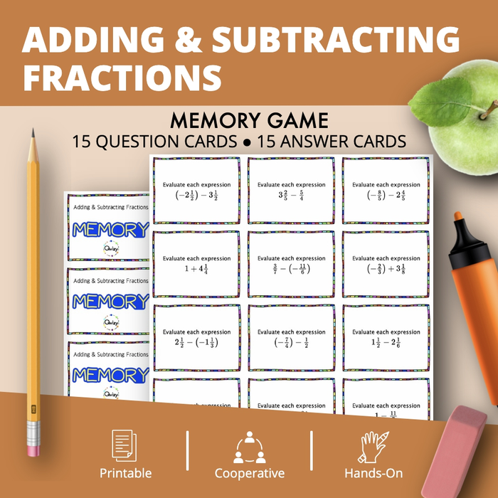 Adding and Subtracting Fractions Math Memory Game