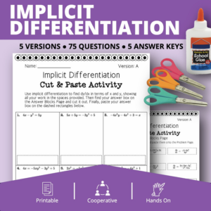 calculus derivatives: implicit differentiation math cut & paste activity