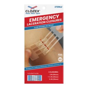 clozex emergency laceration closures - repair wounds without stitches. fda cleared skin closure device for 3 individual wounds or combine for total length of 4 1/4 inches.