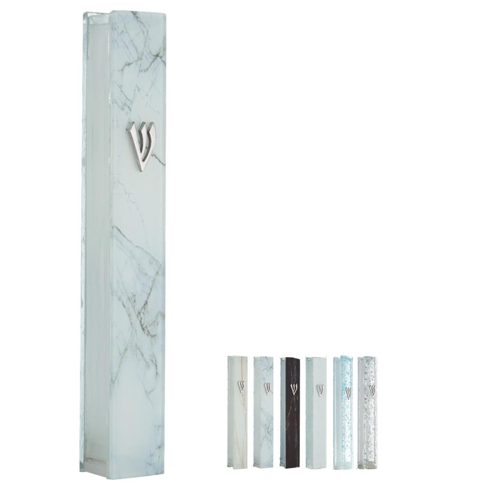 A&S Mezuzot Modern Glass Mezuzah Case in Shatterd Glass Design Waterproof Judiaca Door Mezuzah Home Blessing and Protection Cover (White Marble, 7 Inches)