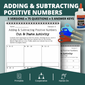 adding and subtracting positive integers cut & paste activity