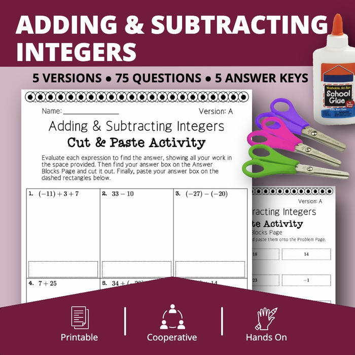 Adding and Subtracting Positive and Negative Integers Cut & Paste Activity