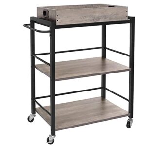 vasagle industrial bar cart for the home, serving cart with wheels and handle, 3-tier beverage cart with removable tray and storage shelves for living room kitchen, greige and black ulrc072b02