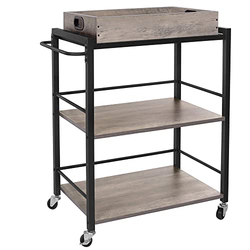 VASAGLE Industrial Bar Cart for The Home, Serving Cart with Wheels and Handle, 3-Tier Beverage Cart with Removable Tray and Storage Shelves for Living Room Kitchen, Greige and Black ULRC072B02