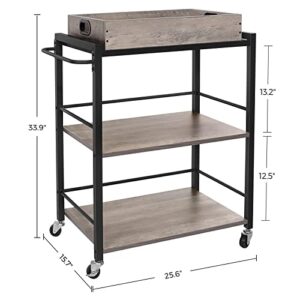 VASAGLE Industrial Bar Cart for The Home, Serving Cart with Wheels and Handle, 3-Tier Beverage Cart with Removable Tray and Storage Shelves for Living Room Kitchen, Greige and Black ULRC072B02