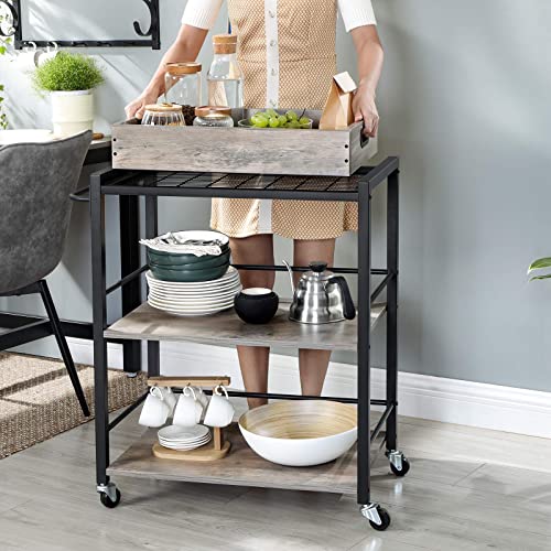 VASAGLE Industrial Bar Cart for The Home, Serving Cart with Wheels and Handle, 3-Tier Beverage Cart with Removable Tray and Storage Shelves for Living Room Kitchen, Greige and Black ULRC072B02