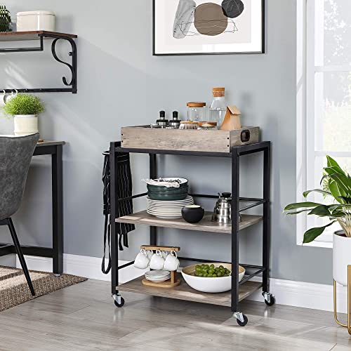 VASAGLE Industrial Bar Cart for The Home, Serving Cart with Wheels and Handle, 3-Tier Beverage Cart with Removable Tray and Storage Shelves for Living Room Kitchen, Greige and Black ULRC072B02